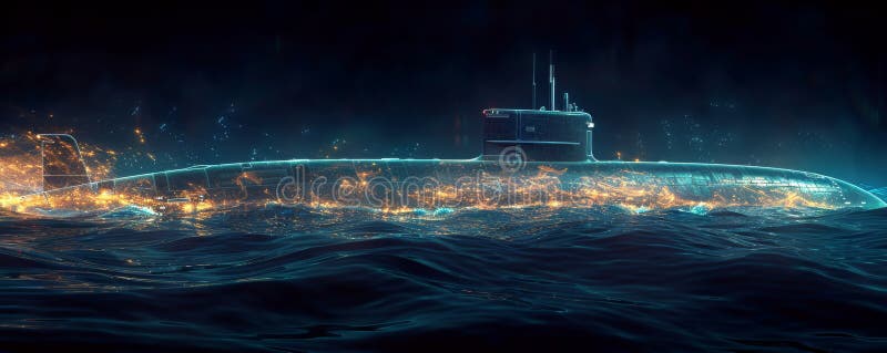 Futuristic Submarine Emerges at Night, Lights Shimmering on Ocean ...