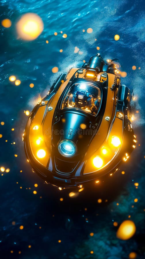 Futuristic Submarine Navigates through Deep Ocean Waters Illuminated by ...