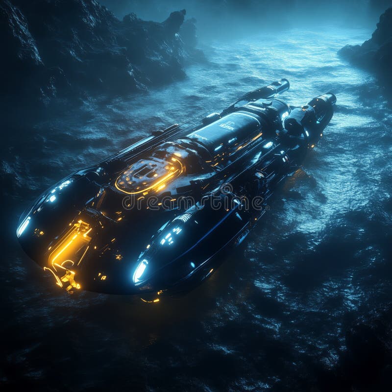 Futuristic Submarine Navigating Underwater Terrain Stock Image - Image ...