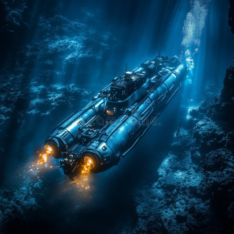 Futuristic Submarine Navigating Underwater Terrain Stock Photo - Image ...