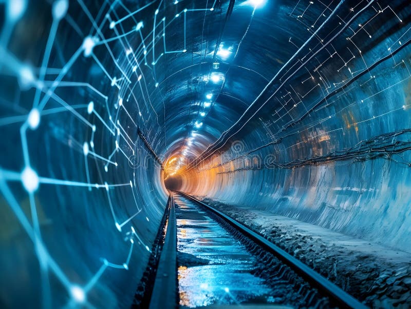 Futuristic Subterranean Tunnel with Illuminated Flowing Water and ...