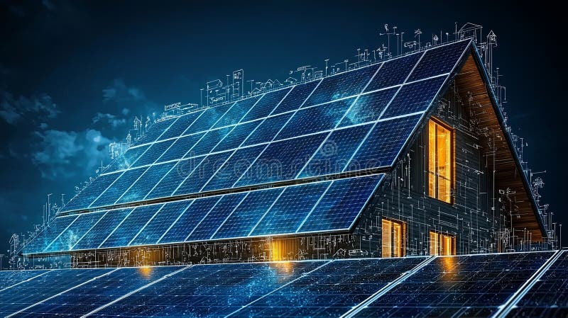 Futuristic Suburban House with Illuminated Solar Panel Technology Stock ...