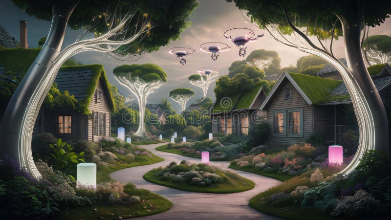 Futuristic Suburban Neighborhood with Drones and High Quality Image ...