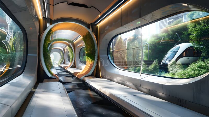 Futuristic Subway with Nature-Inspired Design and Train Interiors Stock ...