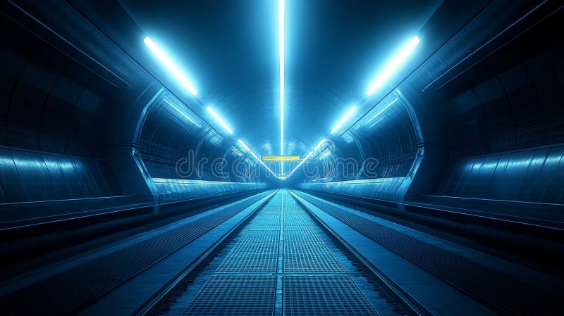 Futuristic Subway Station with Cool Blue Neon Lights, Empty Underground ...