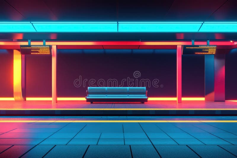 Futuristic Subway Station at Night with Neon Lights and Empty Benches ...