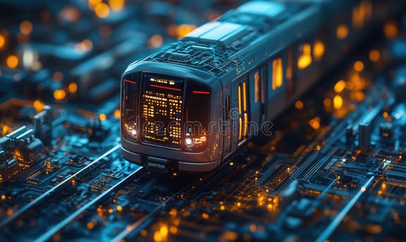 Futuristic Subway Train on Digital Circuit Board with Glowing Lights ...
