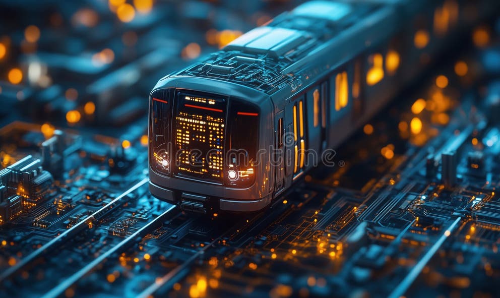 Futuristic Subway Train on Digital Circuit Board with Glowing Lights ...