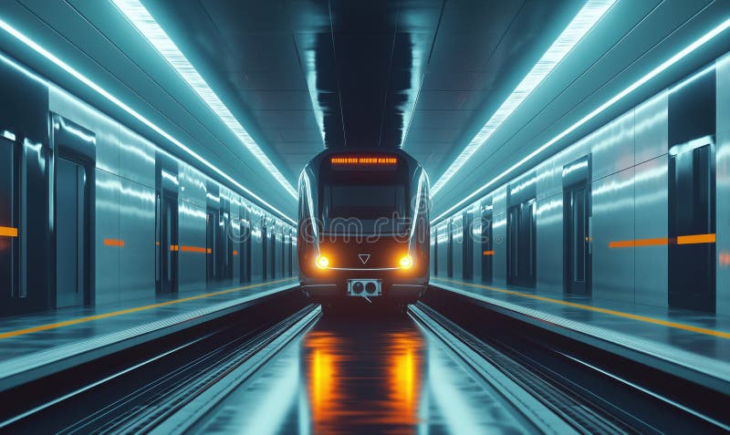 Futuristic Subway Train in Illuminated Underground Station with Sleek ...