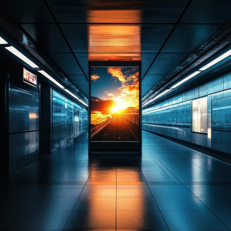 Futuristic Subway Tunnel with Sunset Billboard Stock Illustration - Illustration of sunset ...