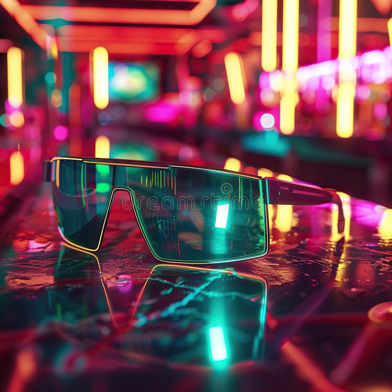 Futuristic Sunglasses on a Bar Counter, Reflecting Vibrant Neon Lights ...