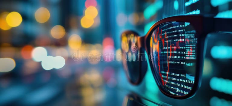 Futuristic Sunglasses Reflecting Digital Data and Binary Code in Urban ...