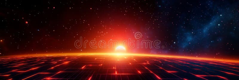 Futuristic Sunset Over a Digital Landscape a Glowing Sunset Over a ...