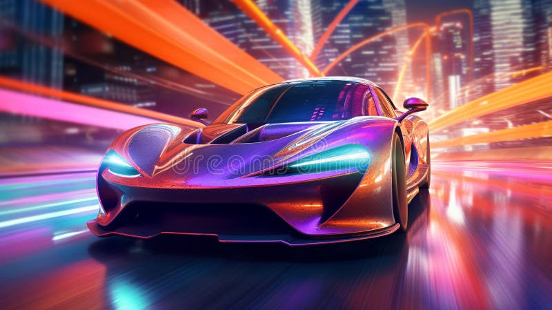 Futuristic Super Car on Neon Road, Fast Acceleration, Neon Light ...