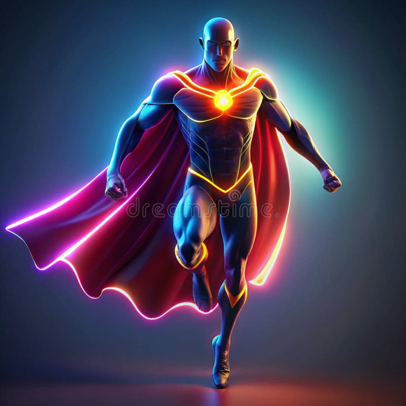 Floating Animated Superhero with Neon Glowing Cape Stock Illustration ...
