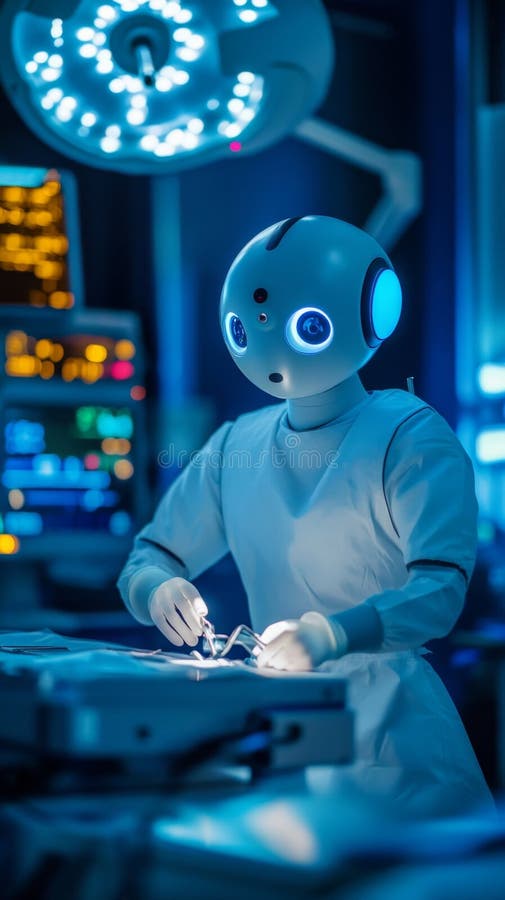 Futuristic Surgical Robot with Bright Blue Lights Engaged in an ...