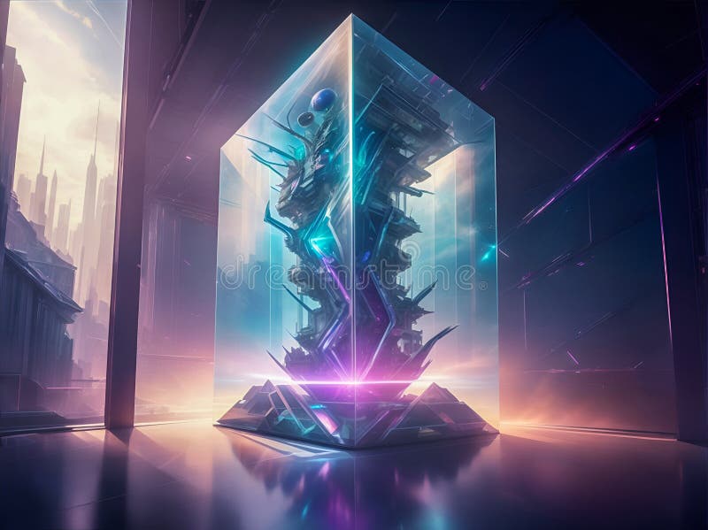 A Futuristic and Surreal Neon Glowing Glass Ice Cube Containing a ...