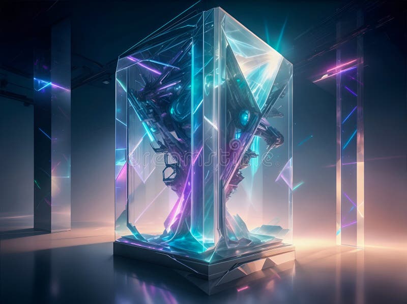 A Futuristic and Surreal Neon Glowing Glass Ice Cube Containing a ...