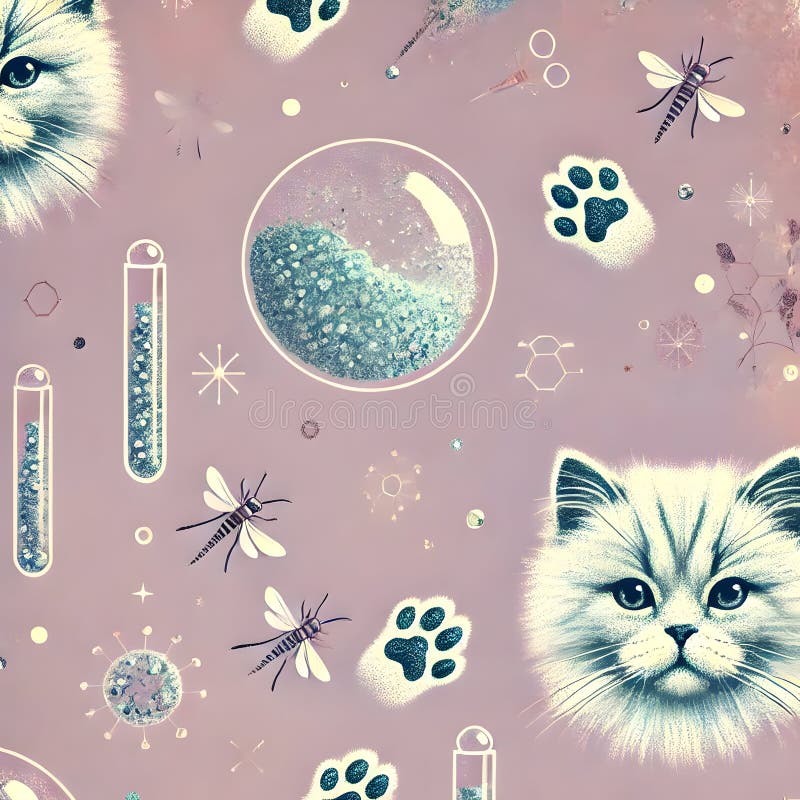 Futuristic Cat Science Pattern with Paw Prints and Lab Elements Stock ...