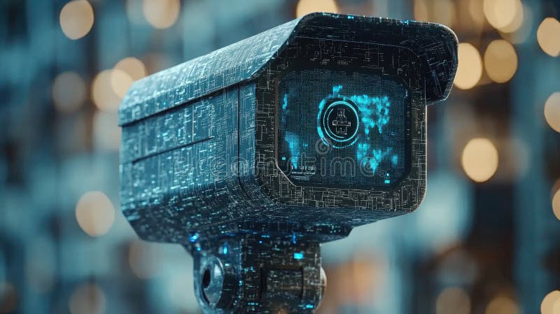 Futuristic Surveillance Camera with Digital Circuitry and Glowing Blue ...