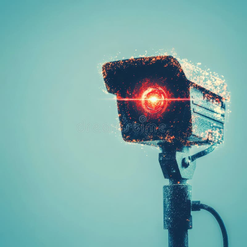 Futuristic Surveillance Camera with Glowing Red Lens and Particles ...