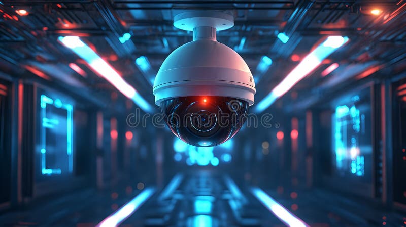 Futuristic Surveillance Camera in Neon-lit Corridor with Advanced ...