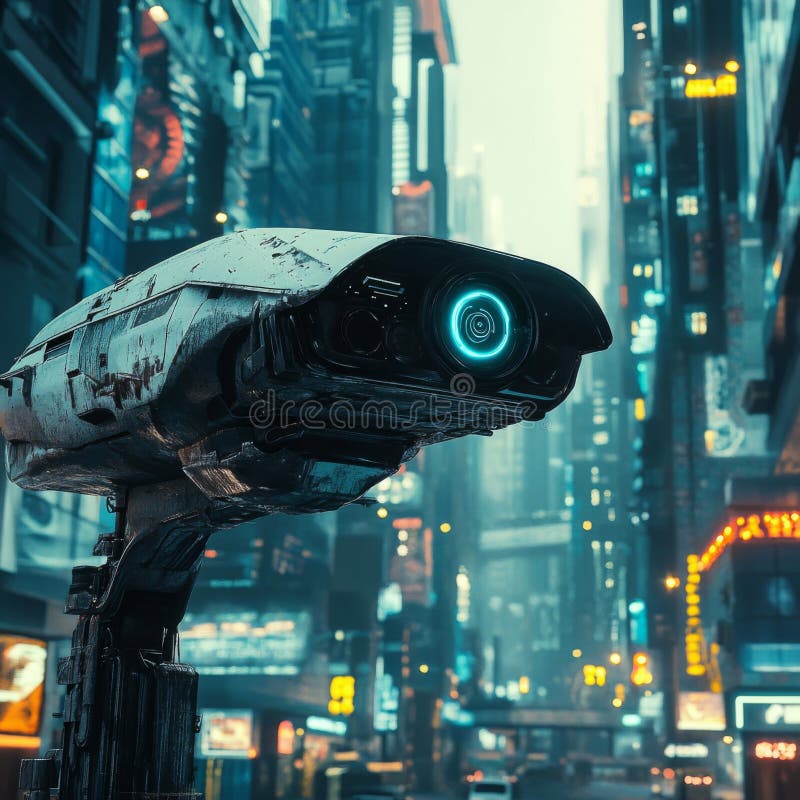 Futuristic Surveillance Camera Overlooking a Cyberpunk Cityscape Stock ...