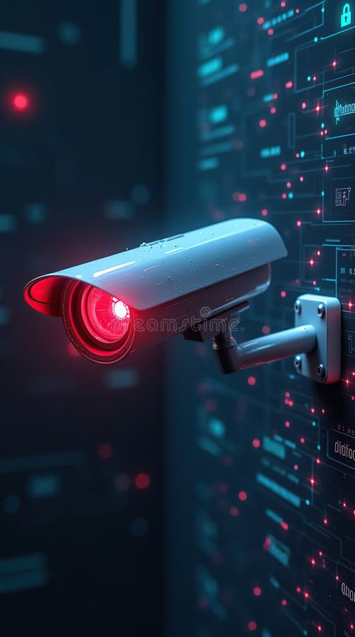 Futuristic Surveillance Camera with Red Lens and Digital Interface in ...