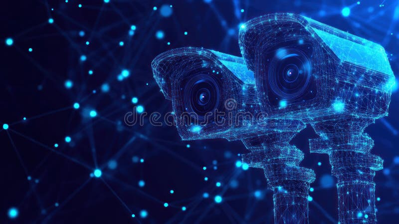 Futuristic Surveillance Cameras in a Network Background Stock ...