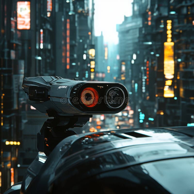 Futuristic Surveillance Device Mounted on a Vehicle in a Neon-Lit ...