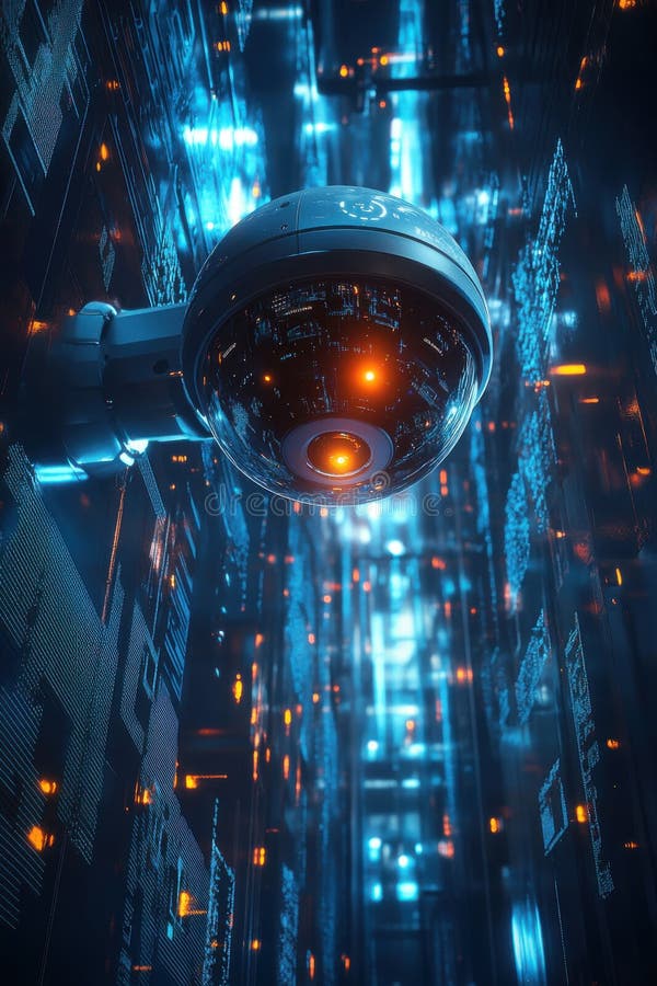 Futuristic Surveillance Drone in a High-tech Sci-fi Environment with Glowing Blue and Orange ...