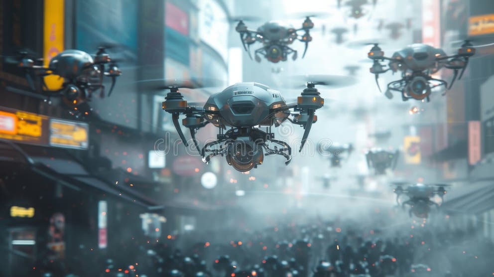 Futuristic Surveillance Drones in City Skyline Stock Photo - Image of ...