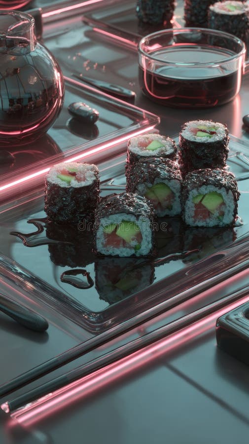 Futuristic Sushi Roll Display on Reflective Neon Surface Stock Photo ...