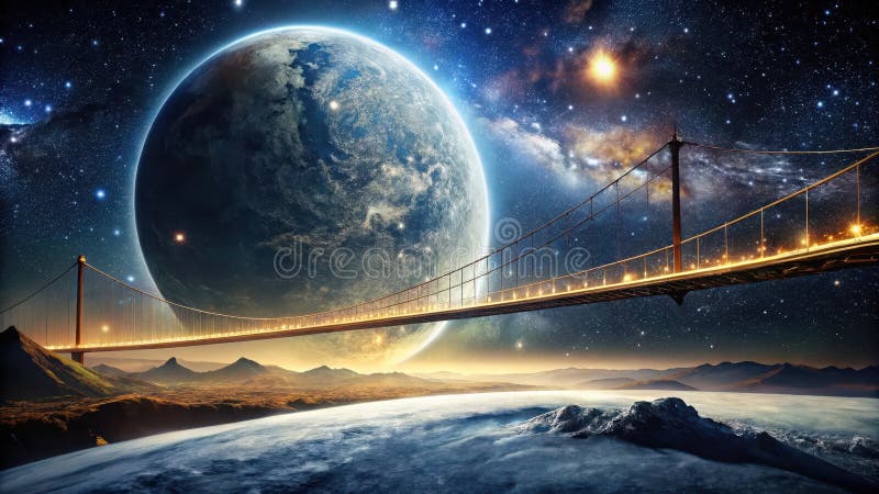 A Futuristic Suspension Bridge Spanning a Celestial Landscape with a ...