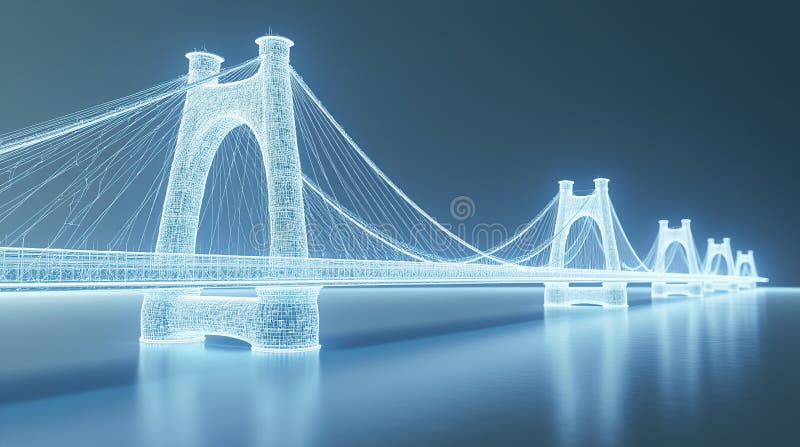 Futuristic Suspension Bridge with Wireframe Model and Elegant ...
