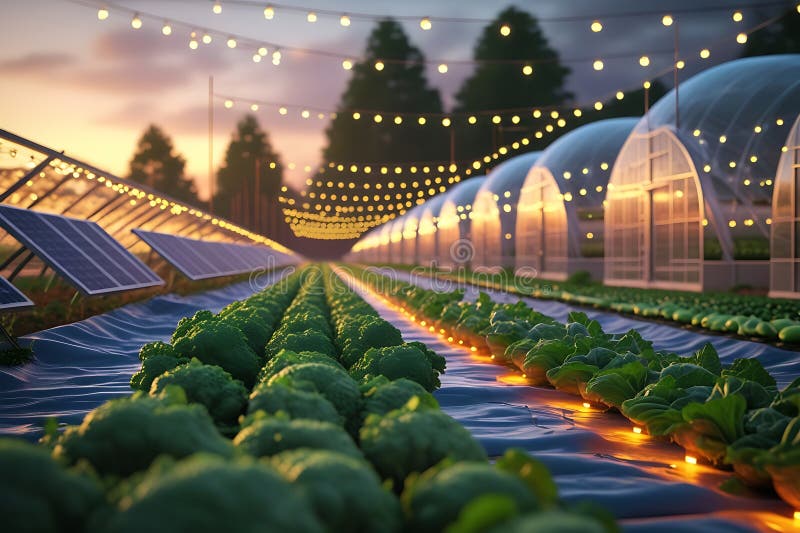 Futuristic Sustainable Farm, Evening Twilight, Rows of Lush Vegetables ...