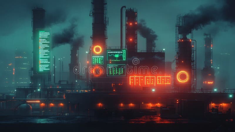 Futuristic Sustainable Manufacturing Plant Glowing with Neon Lights and ...