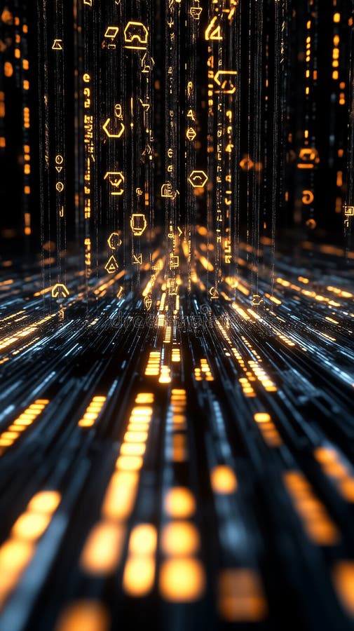 Futuristic Symbols Cascade Down in a Digital Matrix, Enveloping a ...