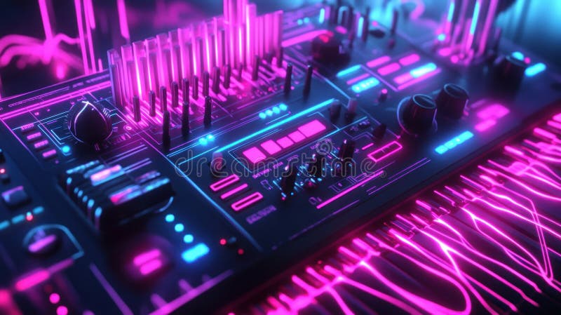 A Futuristic Synthesizer with Neon Lights and a Keyboard in the ...