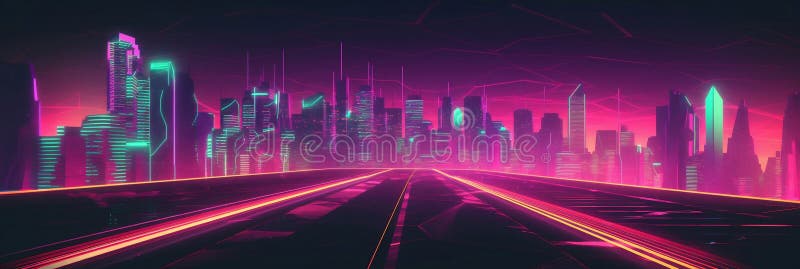 Futuristic Synthwave Cityscape Banner with Abstract Road Trails ...