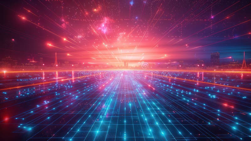 Futuristic Synthwave Cyber Grid Landscape with Retro Sci-Fi Style and ...