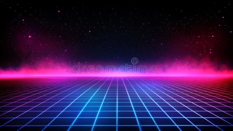 Futuristic Synthwave Grid Landscape with Pink and Blue Neon Glow Stock ...