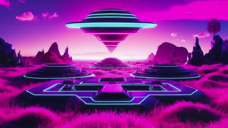 Futuristic Synthwave Landscape with Building with Neon Lights, 3D Loop ...