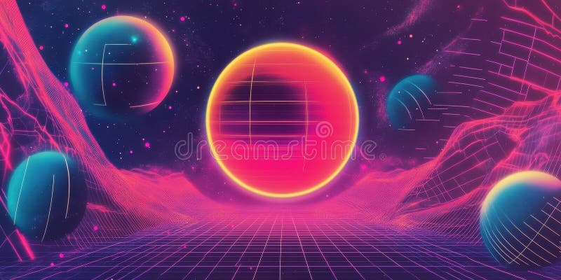 Futuristic Synthwave Landscape with Glowing Planets and Grid Stock ...