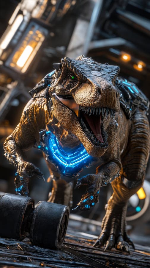 Futuristic T-rex with Neon Armor in Industrial Setting Stock Photo ...