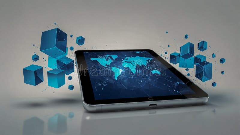 Futuristic Tablet with Digital Data and 3D Cubes Stock Illustration ...