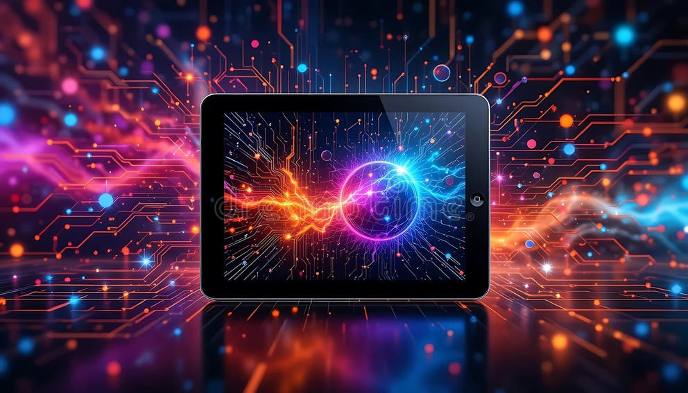 Futuristic Tablet with Digital Energy Explosion. Advanced Technology ...