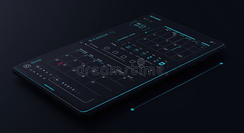 Futuristic Tablet Displaying Calendar and Notes Application on Dark ...