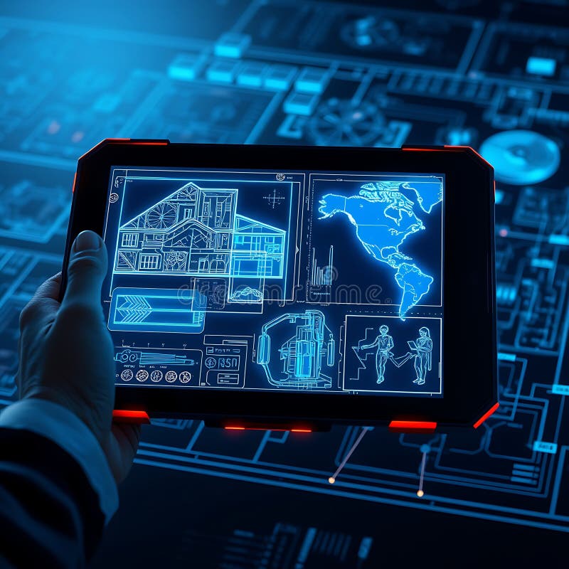 A Futuristic Tablet Displaying Glowing Holographic Blueprints Stock ...