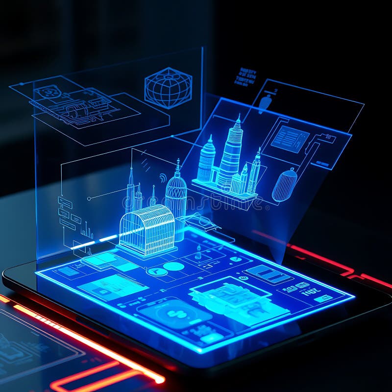 A Futuristic Tablet Displaying Glowing Holographic Blueprints Stock ...